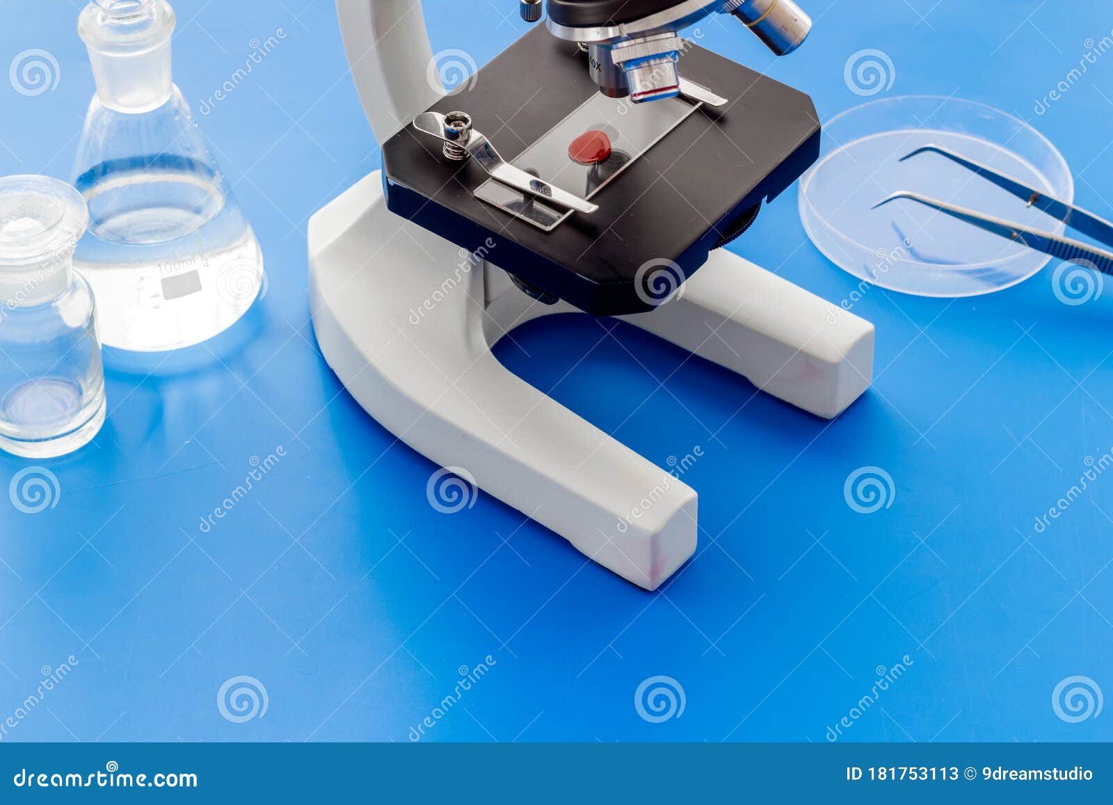 Microscope Medical Reserch. Blood Sample for Analysis. Blue Table Copy ...