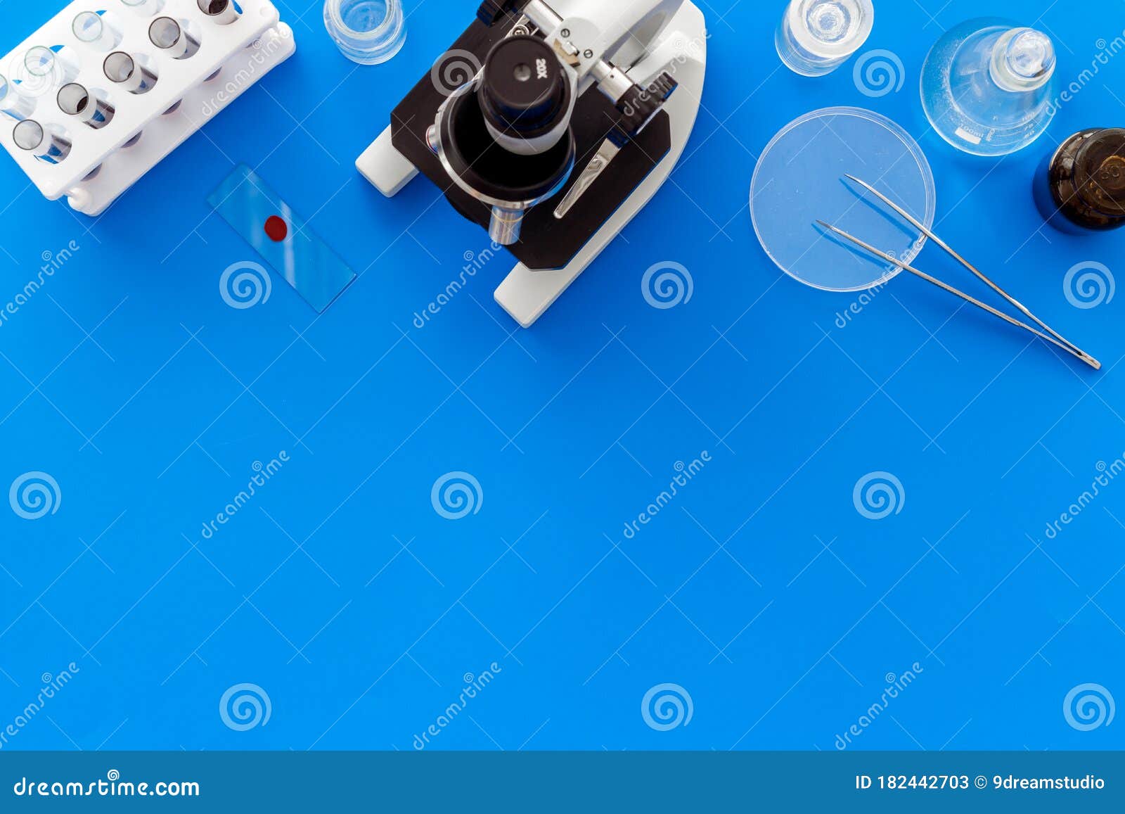 Microscope Medical Reserch. Blood Sample for Analysis. Blue Table Top ...