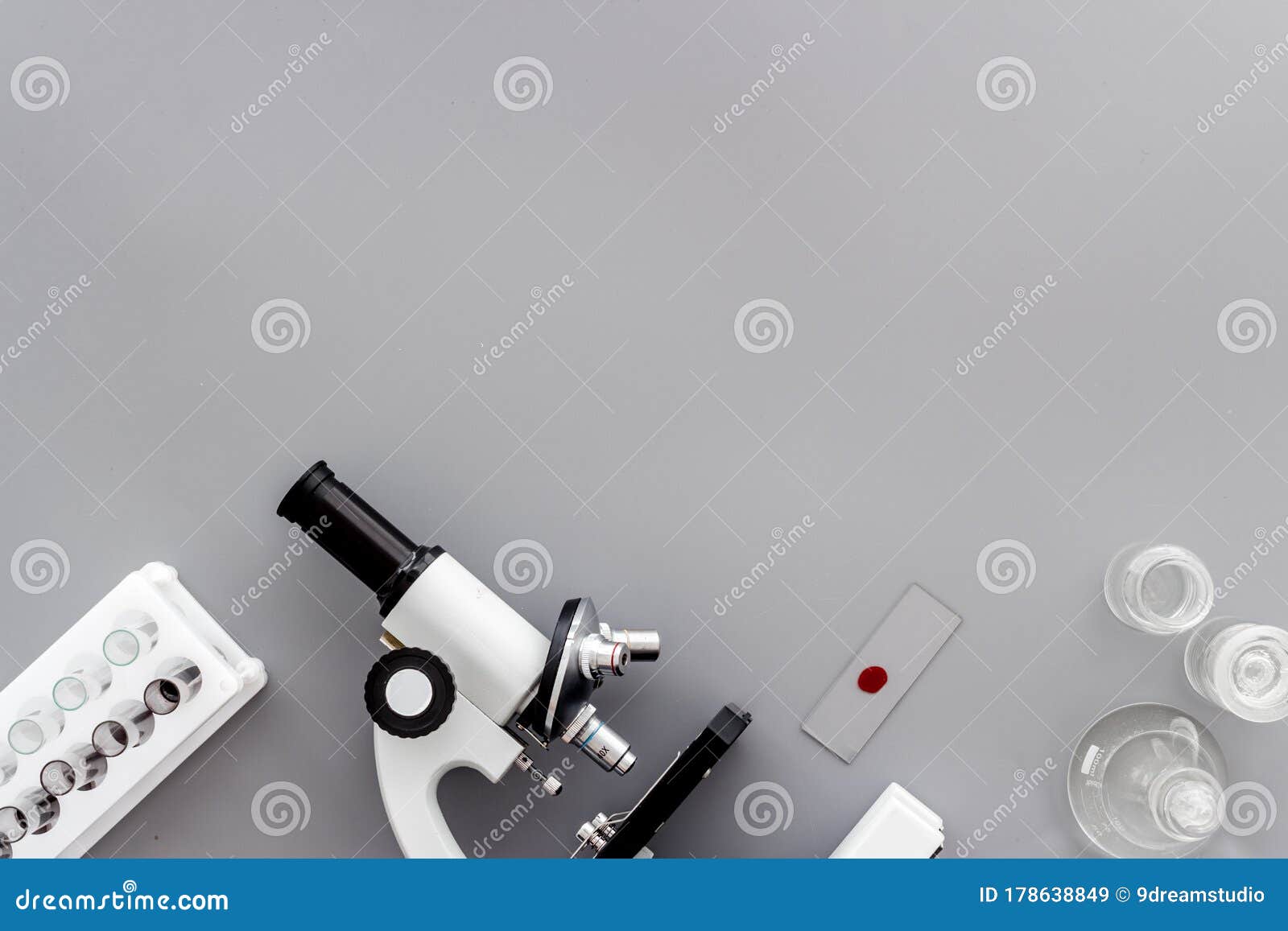 Microscope Medical Reserch. Blood Sample for Analysis. Grey Table Top ...