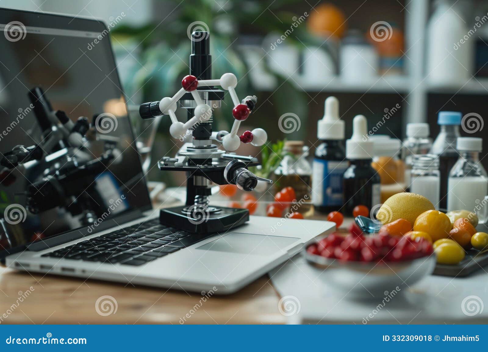 Microscope and Molecule Model on a Desk with Fruits and Vegetables ...