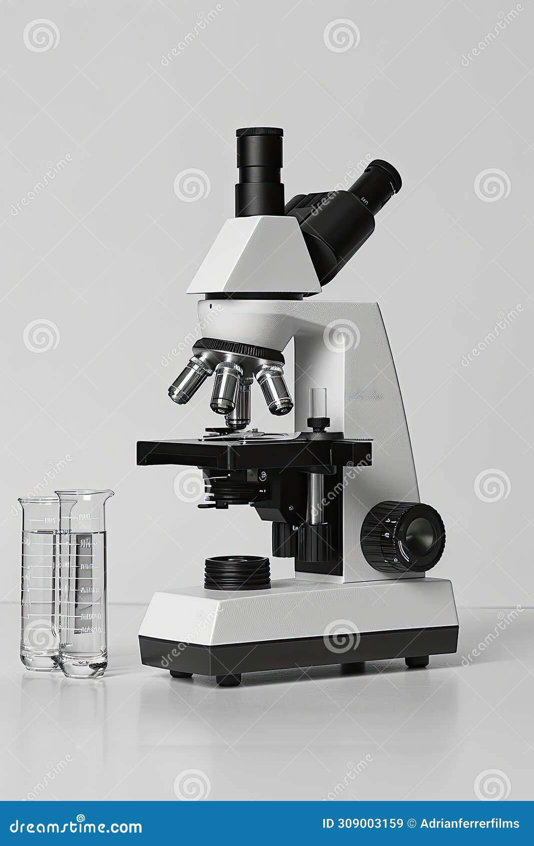 Microscope with Objective Lenses and Beakers on White. Stock Image ...