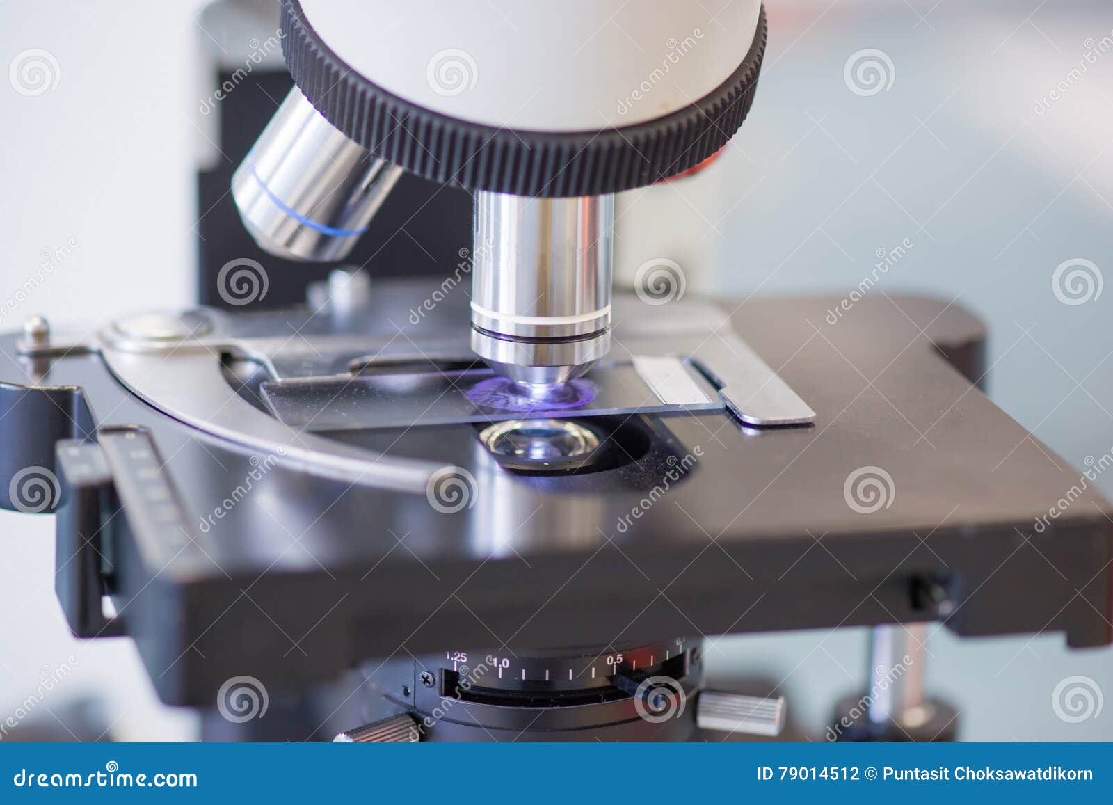 Microscope Objectives And A Slide On The Microscope Table. Stock Photo ...