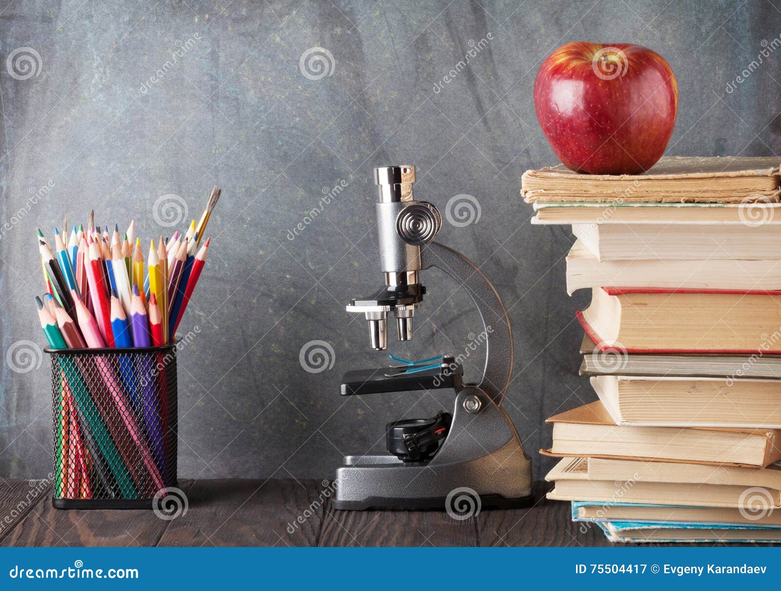 Microscope, Pencils, Books and Apple Stock Image - Image of back ...