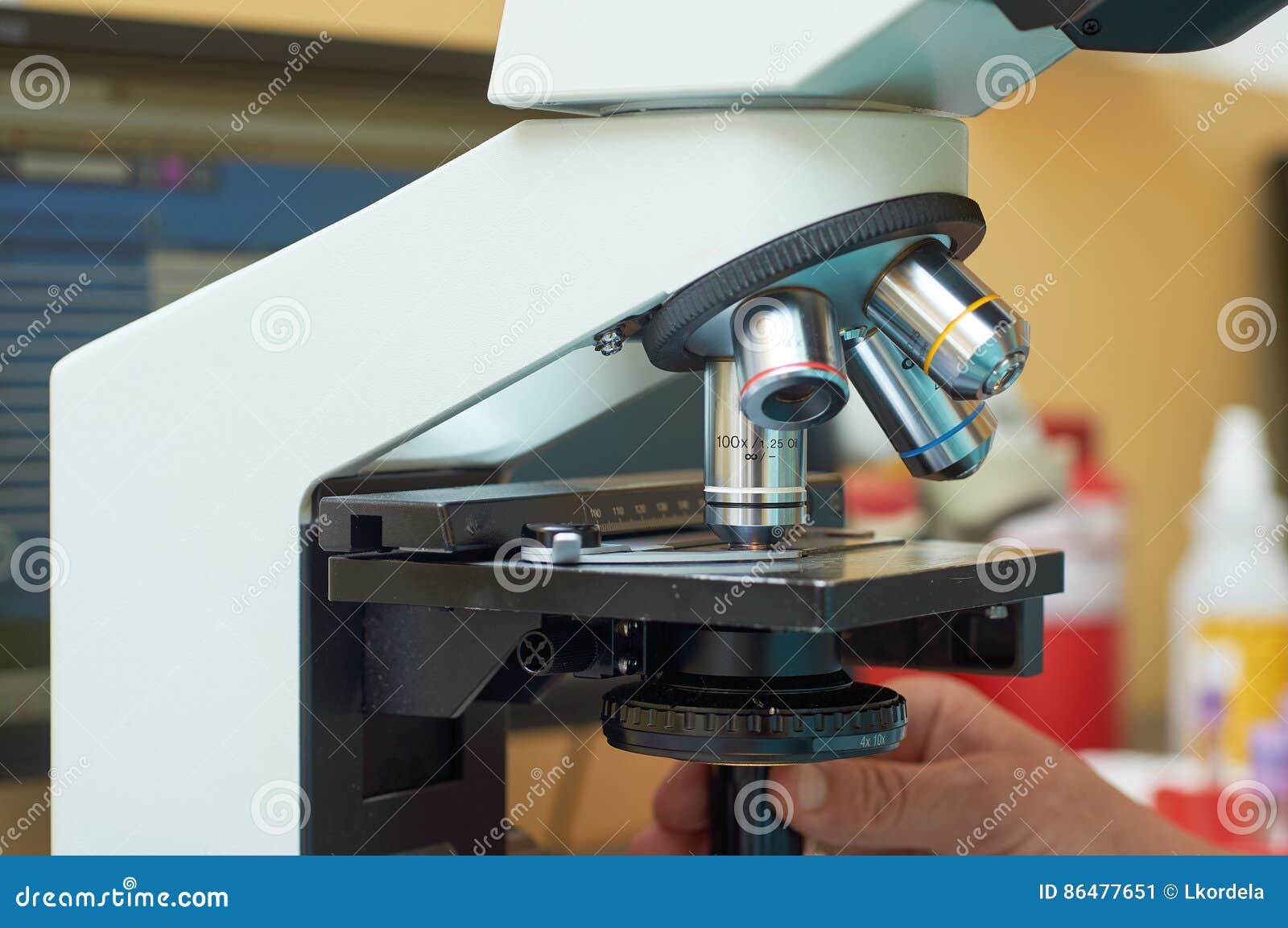 Microscope in real lab stock image. Image of analyzing - 86477651