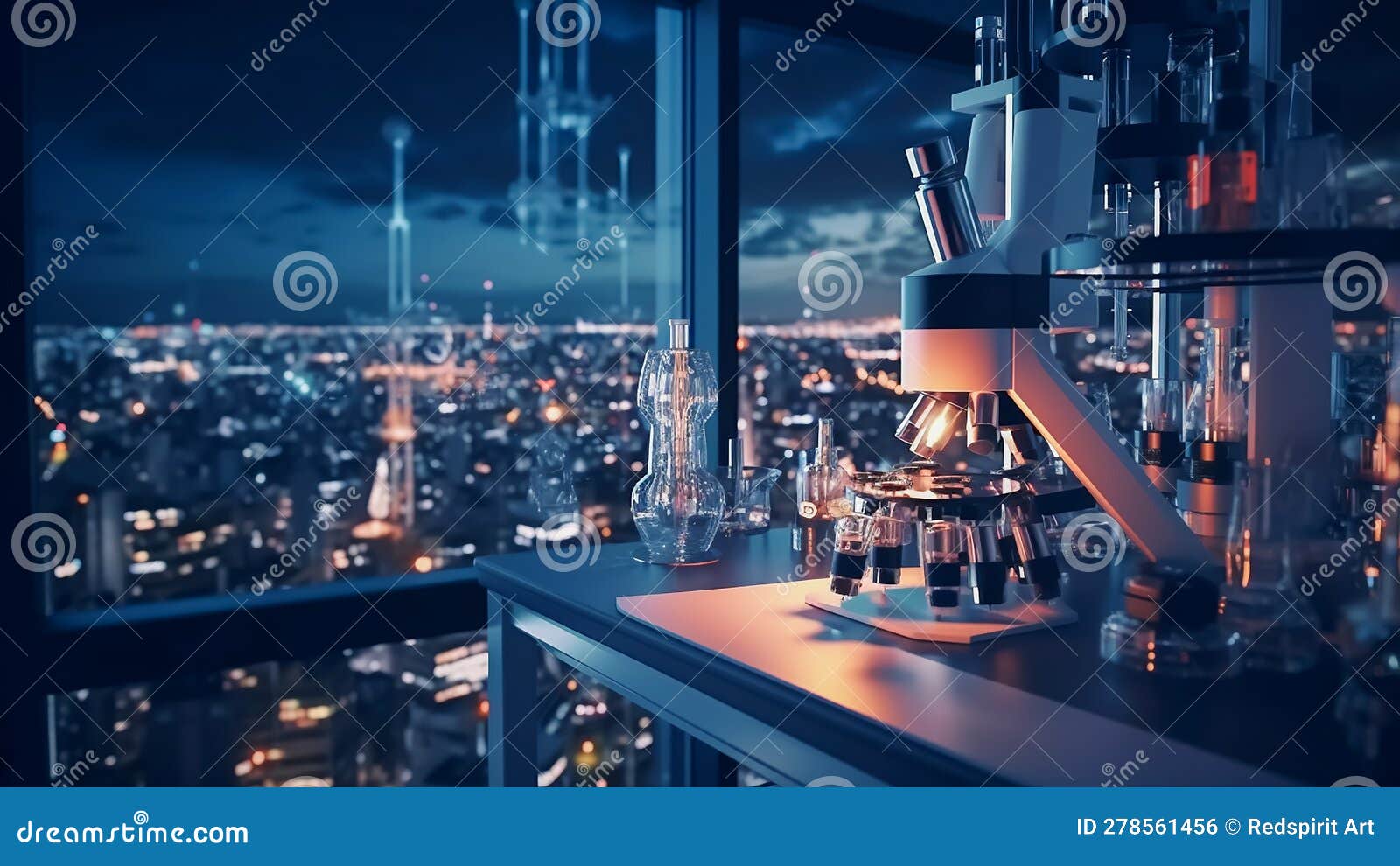 Microscope in a Research Lab at Night, Generative AI Stock Illustration ...