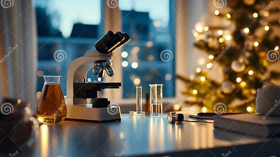 A Microscope Rests on the Table, with the Glow of Christmas Tree Lights ...