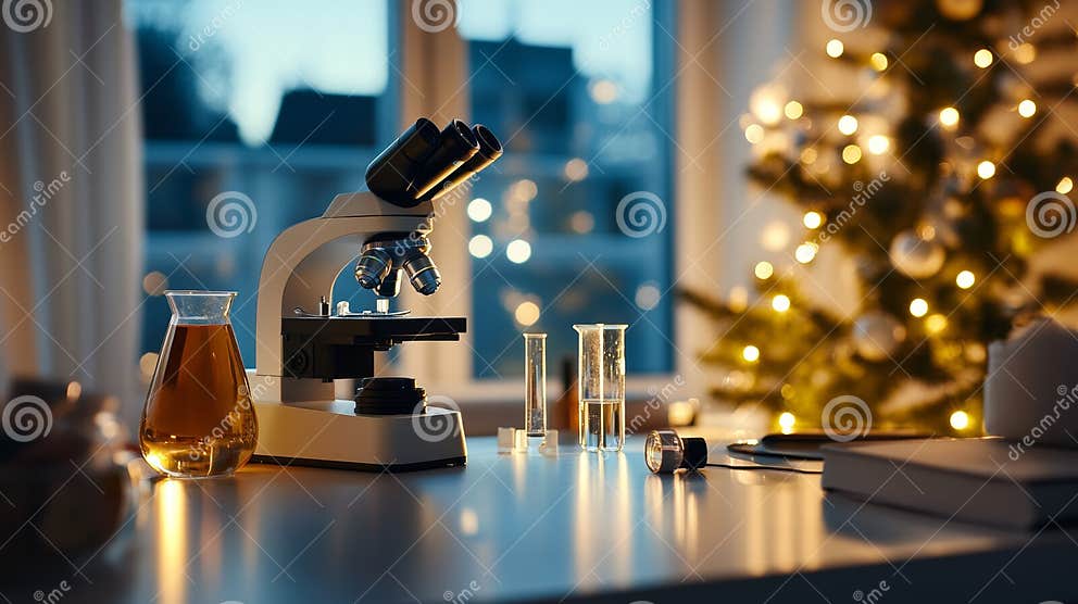 A Microscope Rests on the Table, with the Glow of Christmas Tree Lights ...