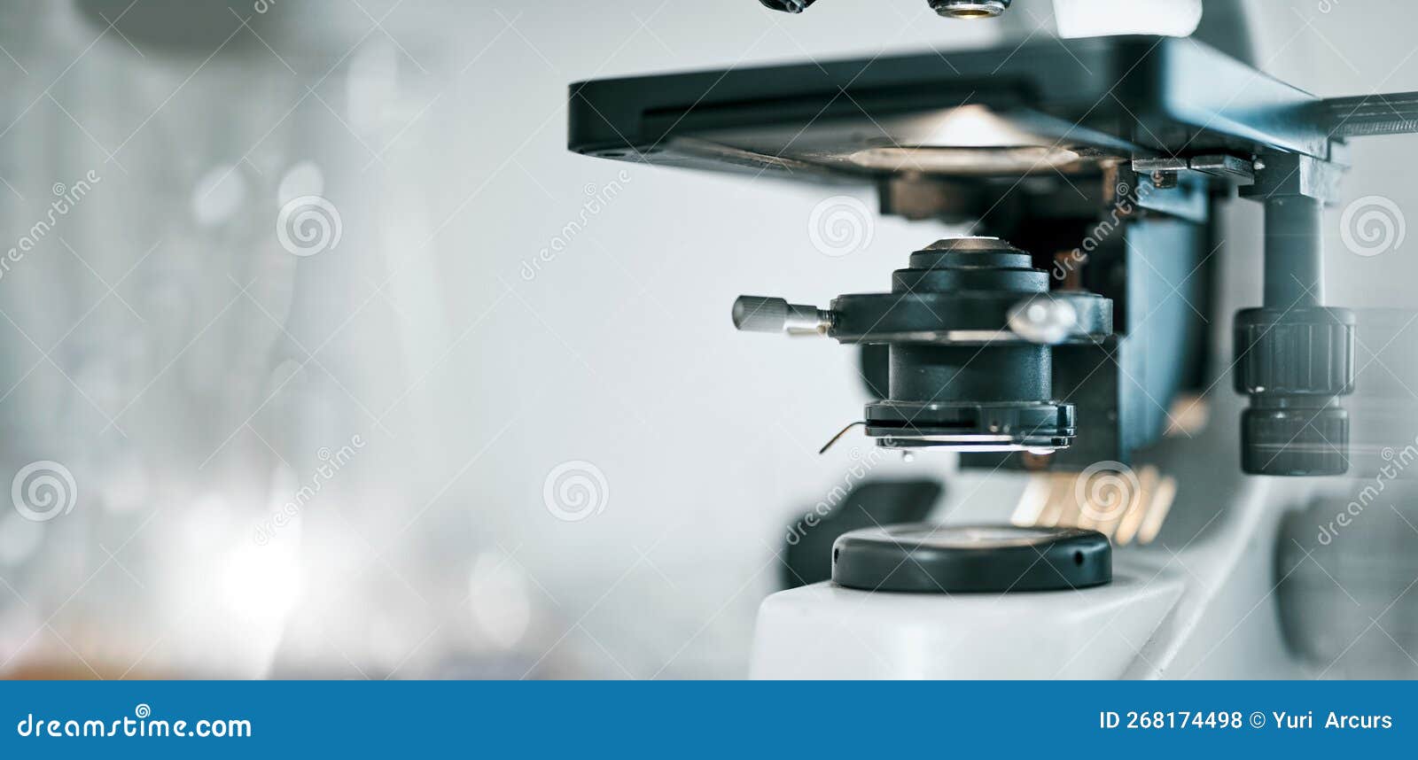 Microscope, Science and Banner on Mockup Space, Empty Background or ...