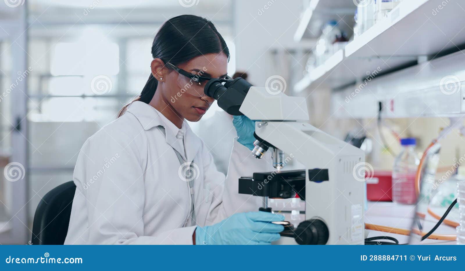 Microscope, Science and Woman in Laboratory of Research, Analysis and Studying Genes, Particles ...