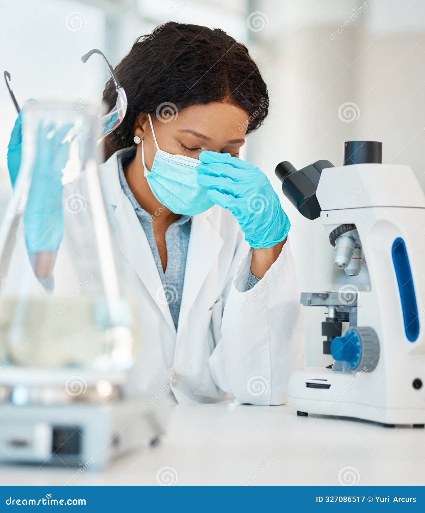 Microscope, Scientist and Woman with Stress in Lab for Burnout ...