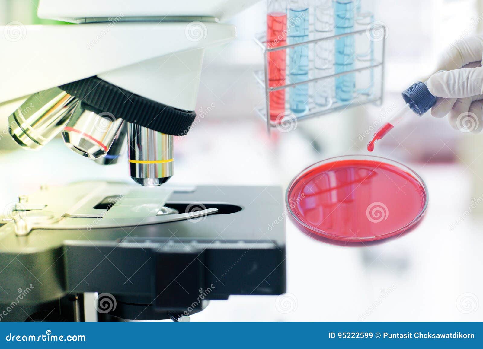 Microscope with Scientist Working at Blood Test Stock Image - Image of ...