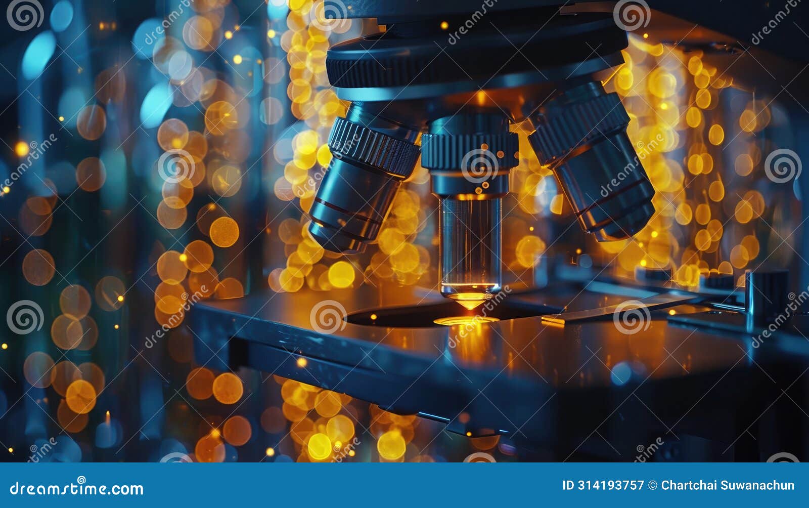 A Microscope is Shown with a Blurry Background of a Pattern of Lights ...