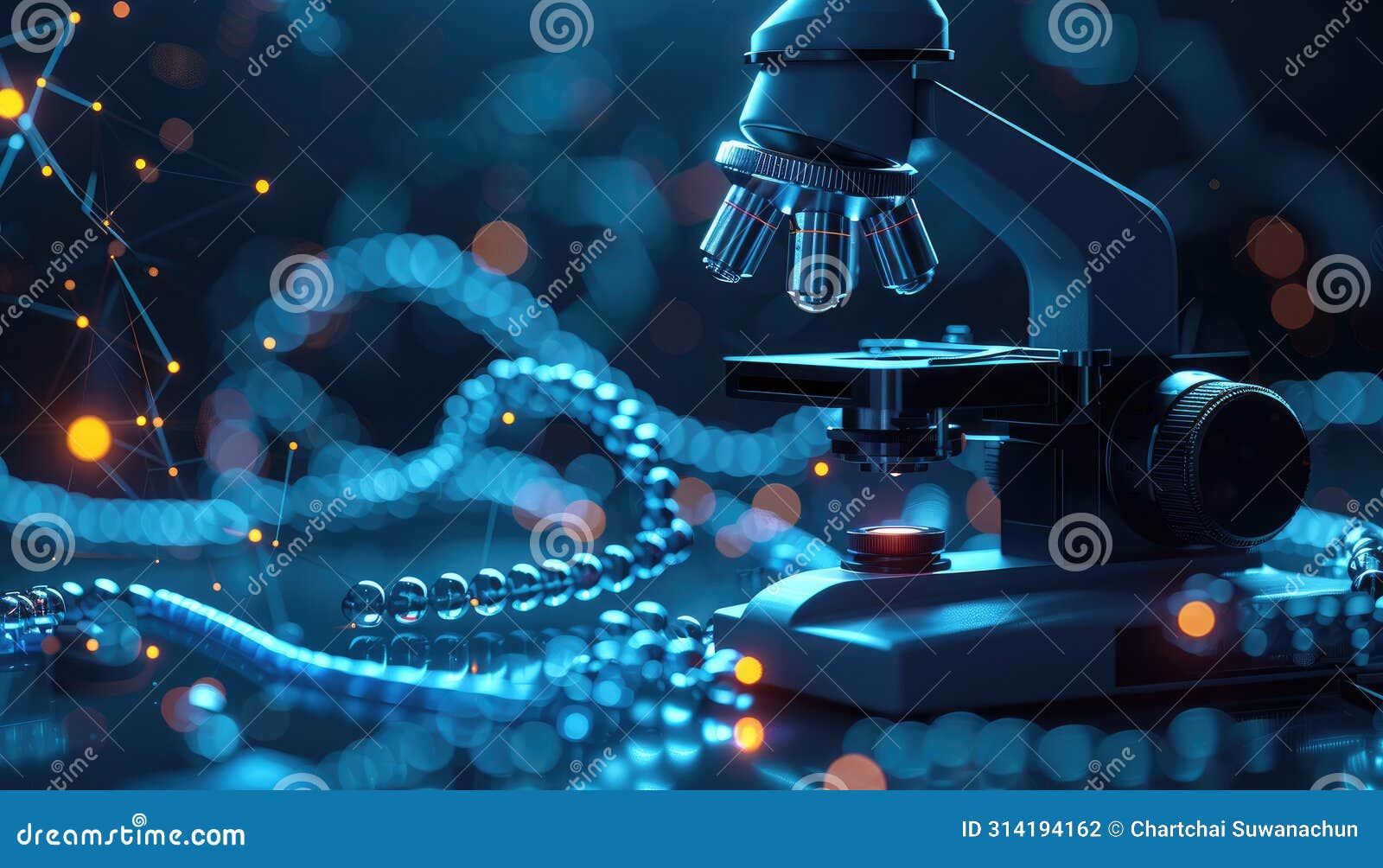 A Microscope is Shown with a Blurry Background of a Pattern of Lights ...