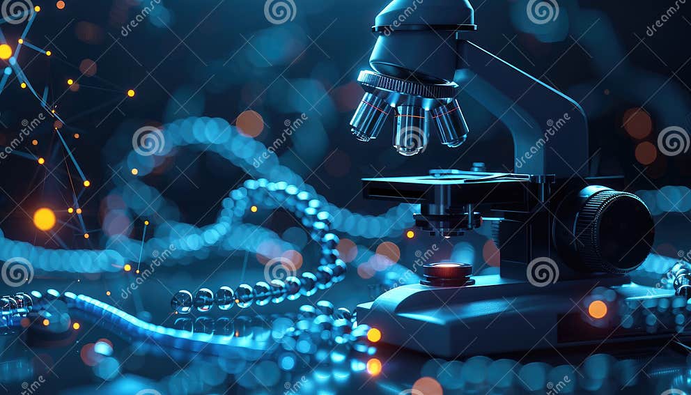 A Microscope is Shown with a Blurry Background of a Pattern of Lights ...