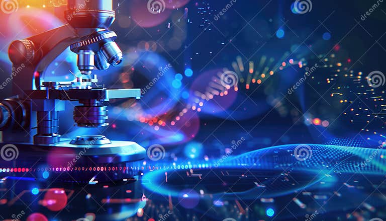 A Microscope is Shown with a Blurry Background of a Pattern of Lights ...