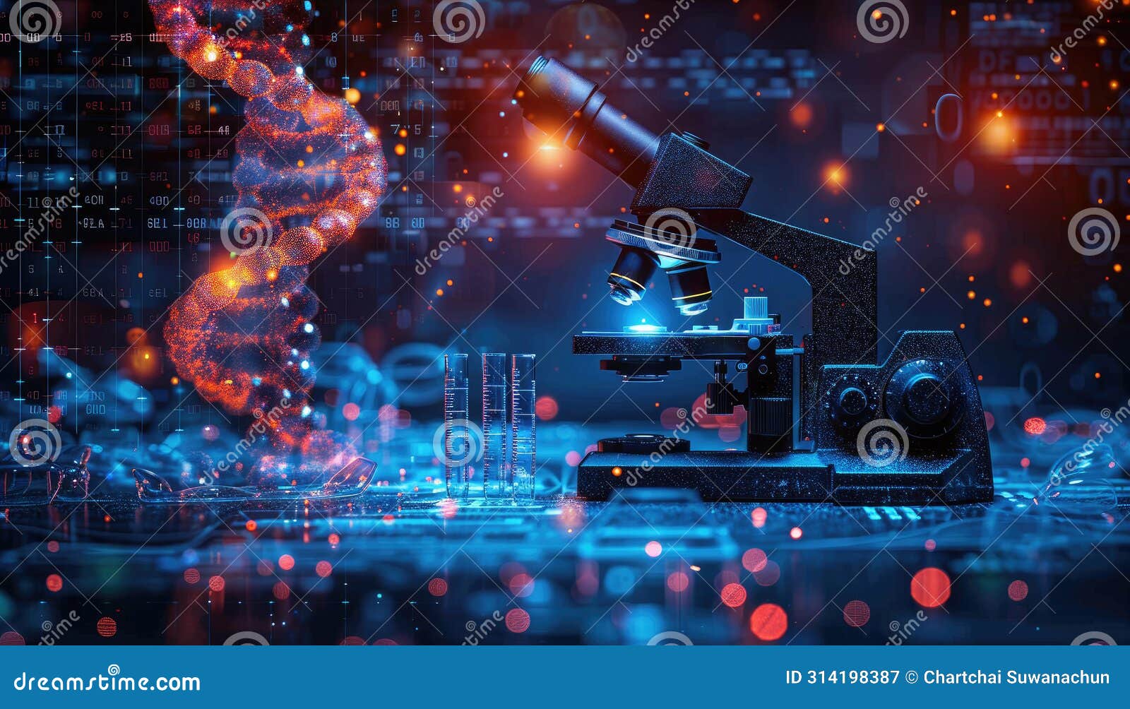 A Microscope is Shown with a Blurry Background of a Pattern of Lights ...