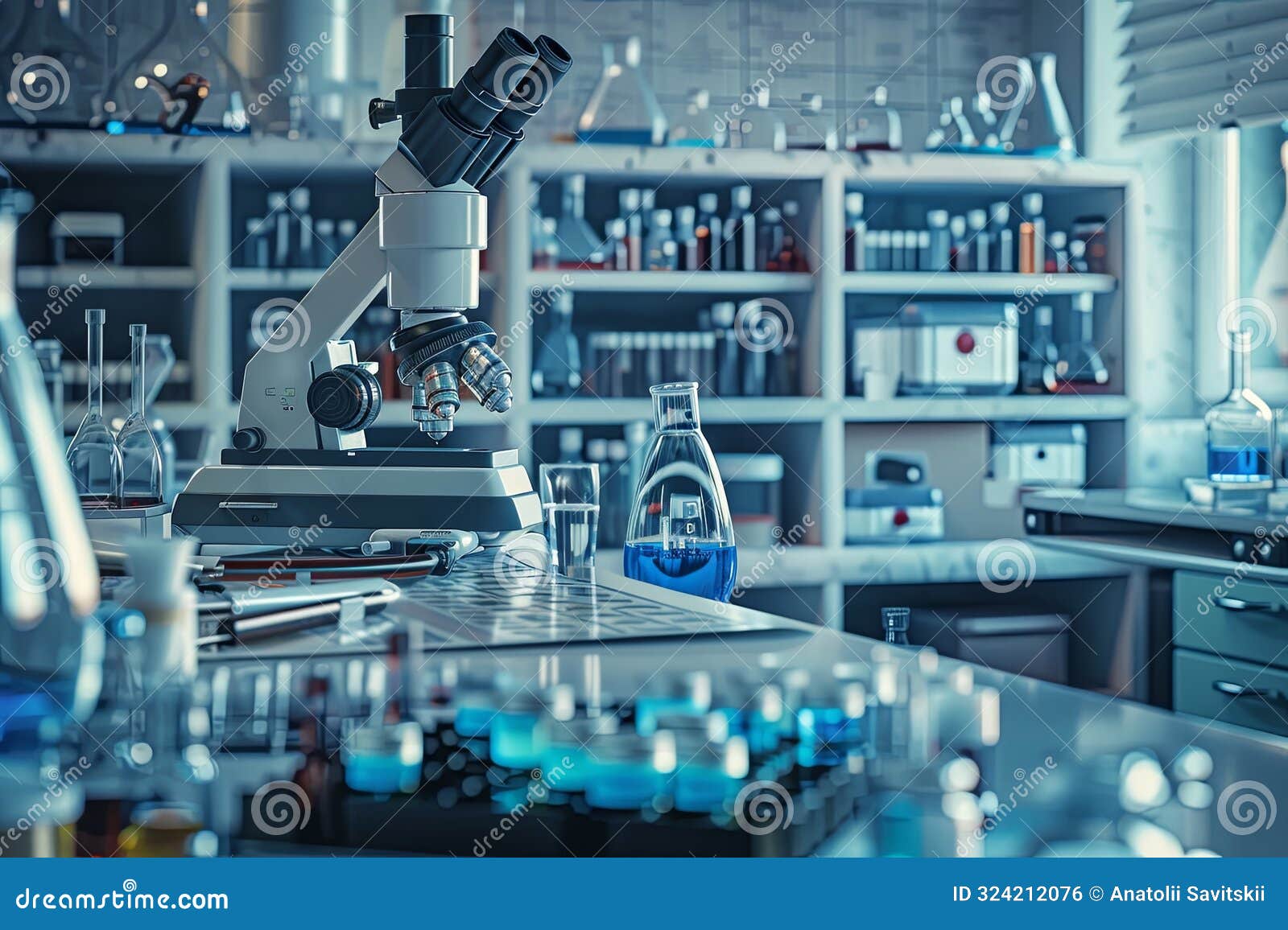 A Microscope Sits on a Lab Table with a Beaker of Blue Liquid ...