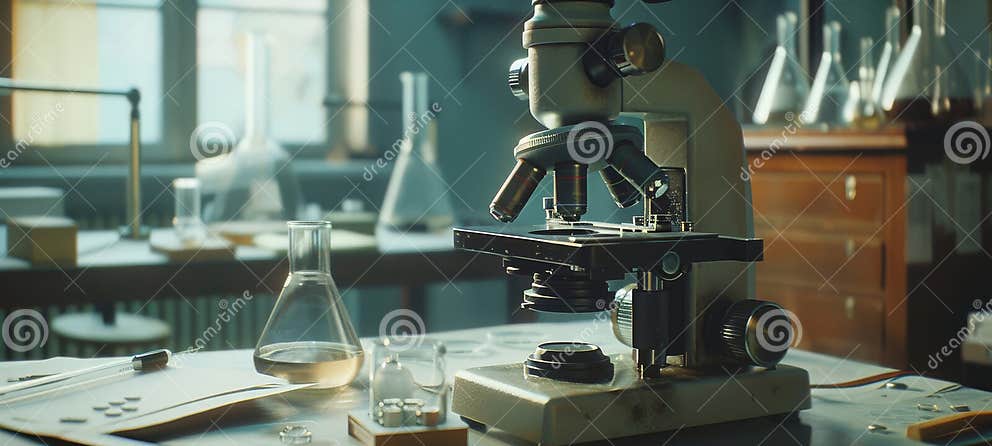 Microscope and Slides on Laboratory Bench Stock Illustration ...