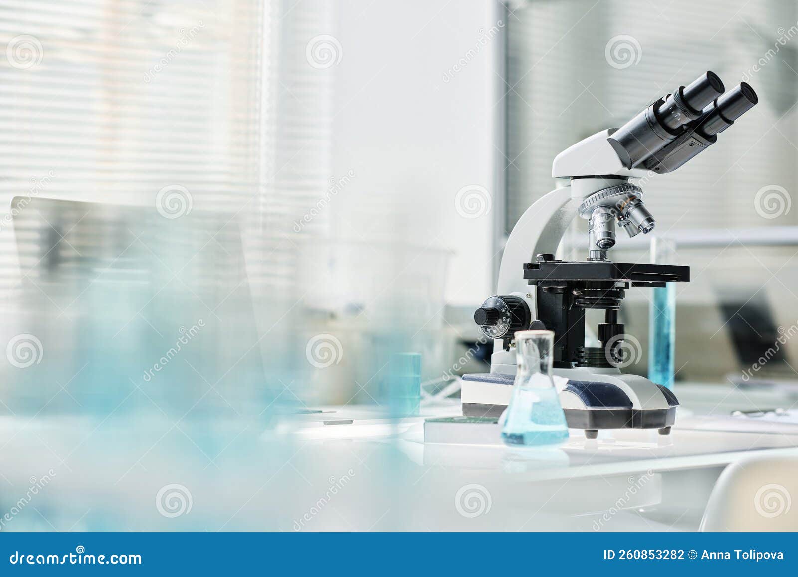 Microscope Standing on Workplace of Modern Scientist or Clinician Stock ...