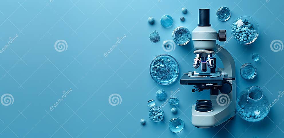 A Microscope is Surrounded by Bubbles on a Blue Background Stock Photo ...