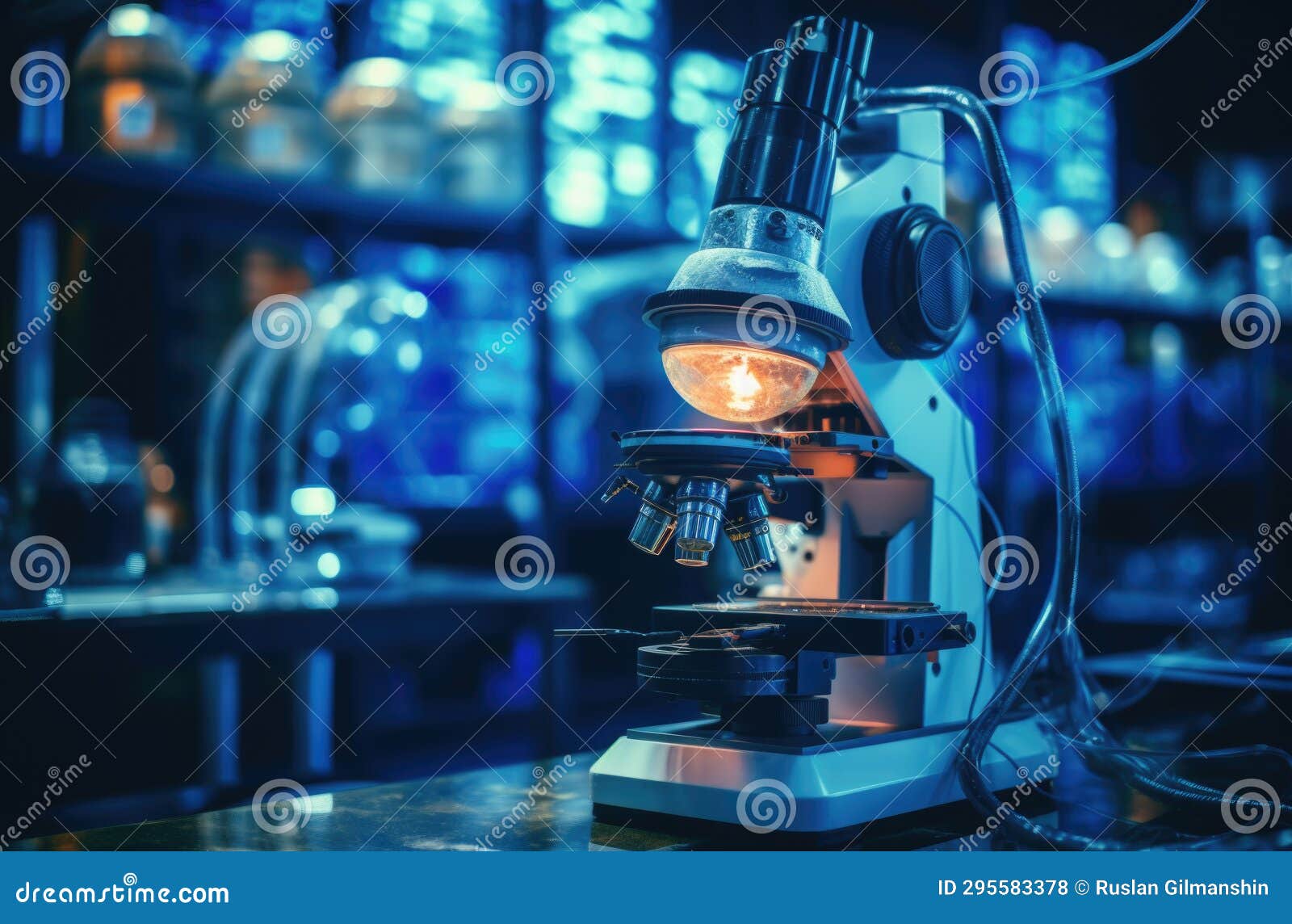Microscope on the Table with Chemical Tube and Glassware in Laboratory ...