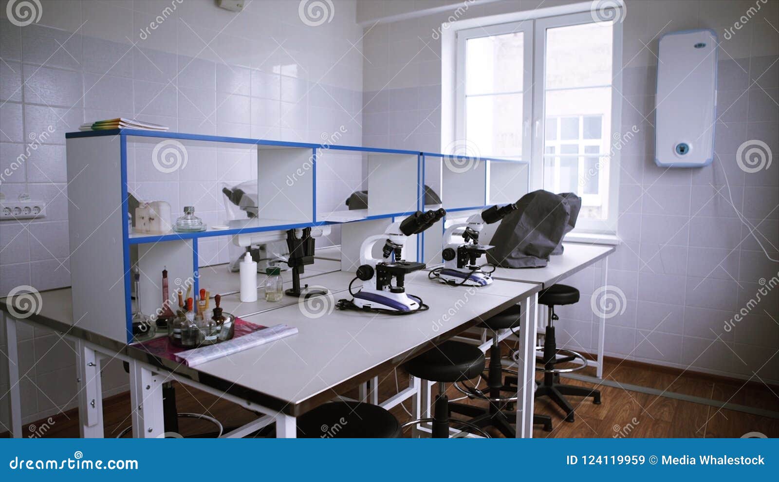Microscope on Table in Empty Science Laboratory. Empty Laboratory with ...