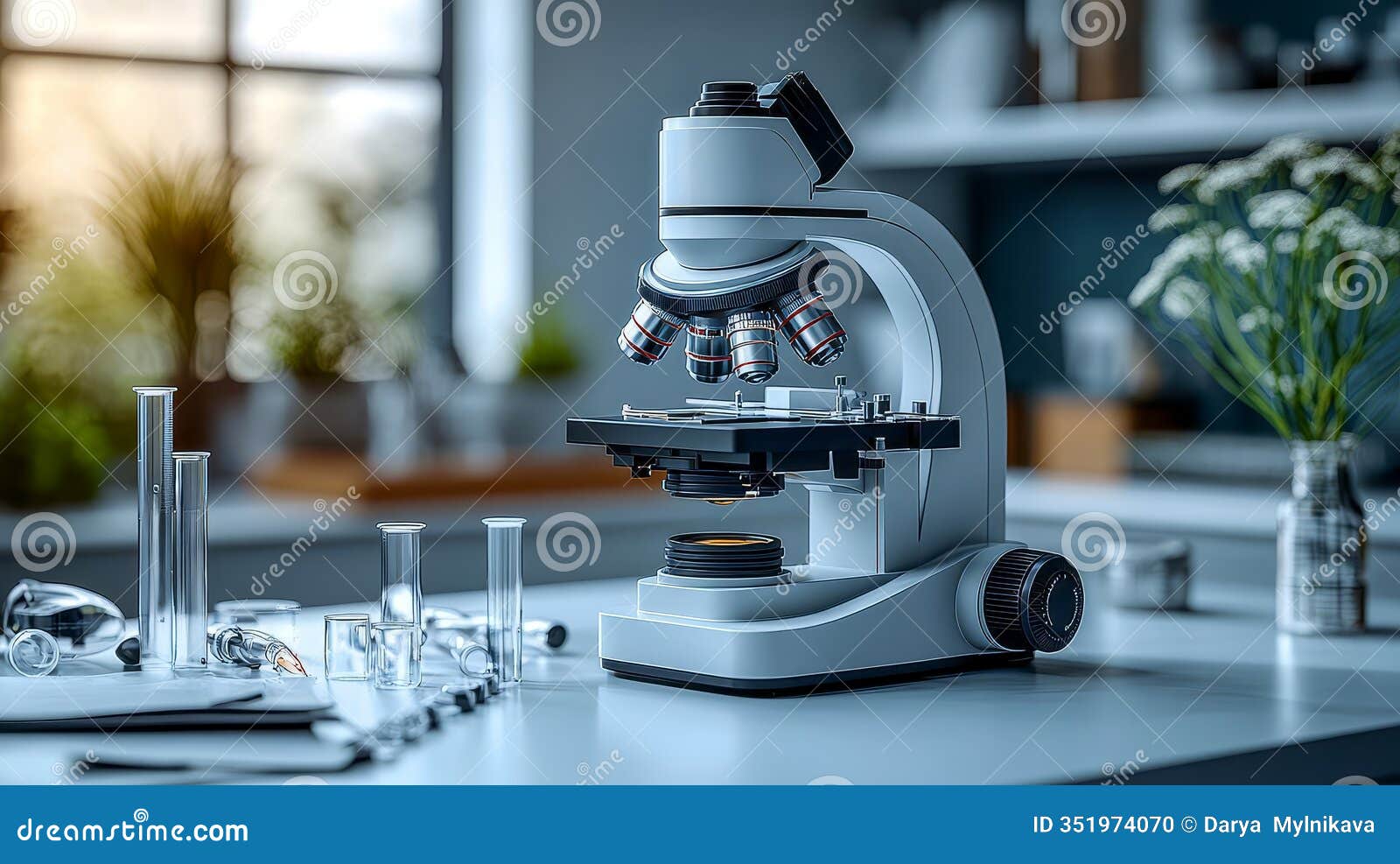 The Microscope is on a Table in the Lab Stock Photo - Image of ...