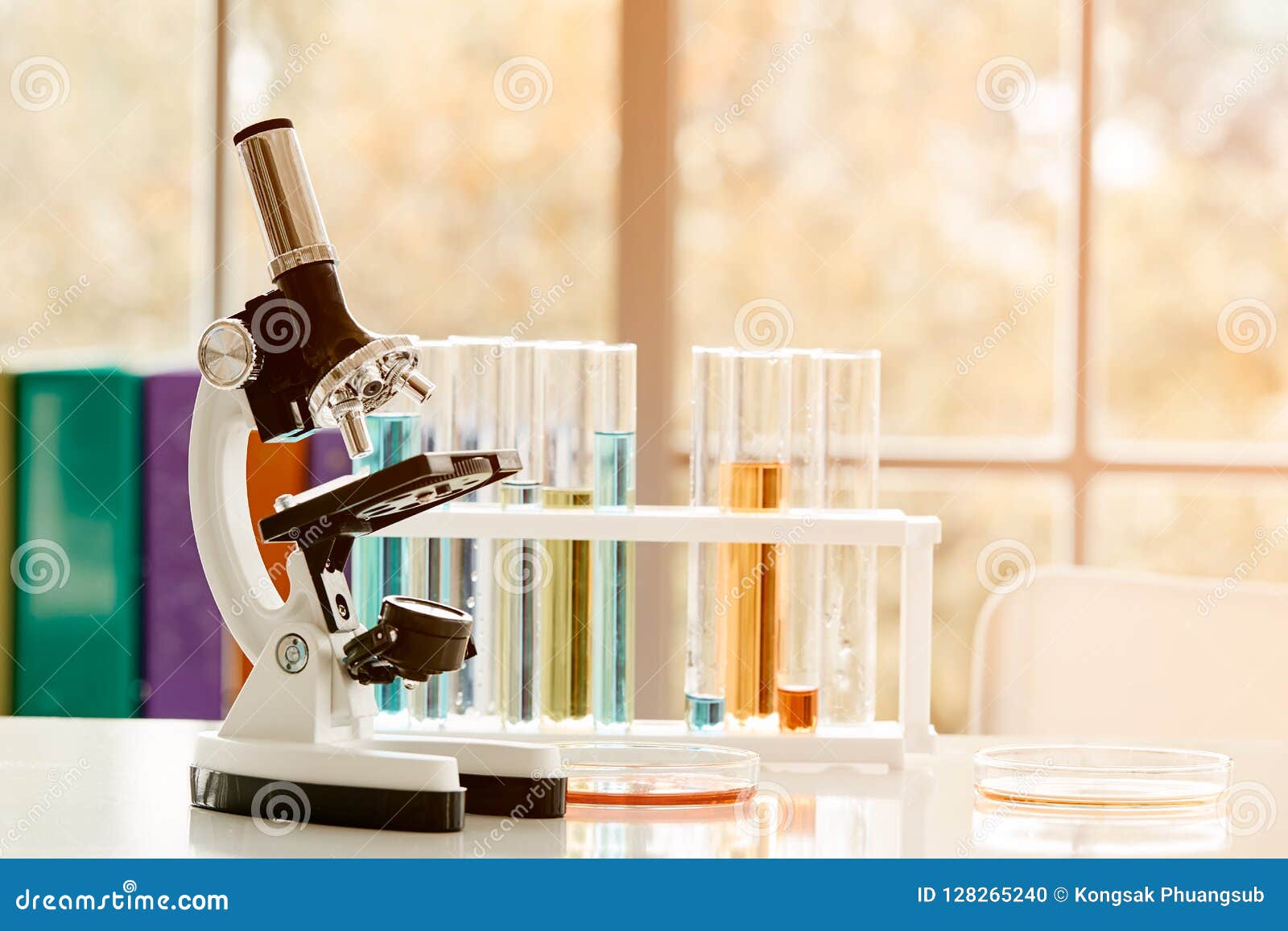 Microscope on Table with Laboratory Equipment in Chemical Lab with ...