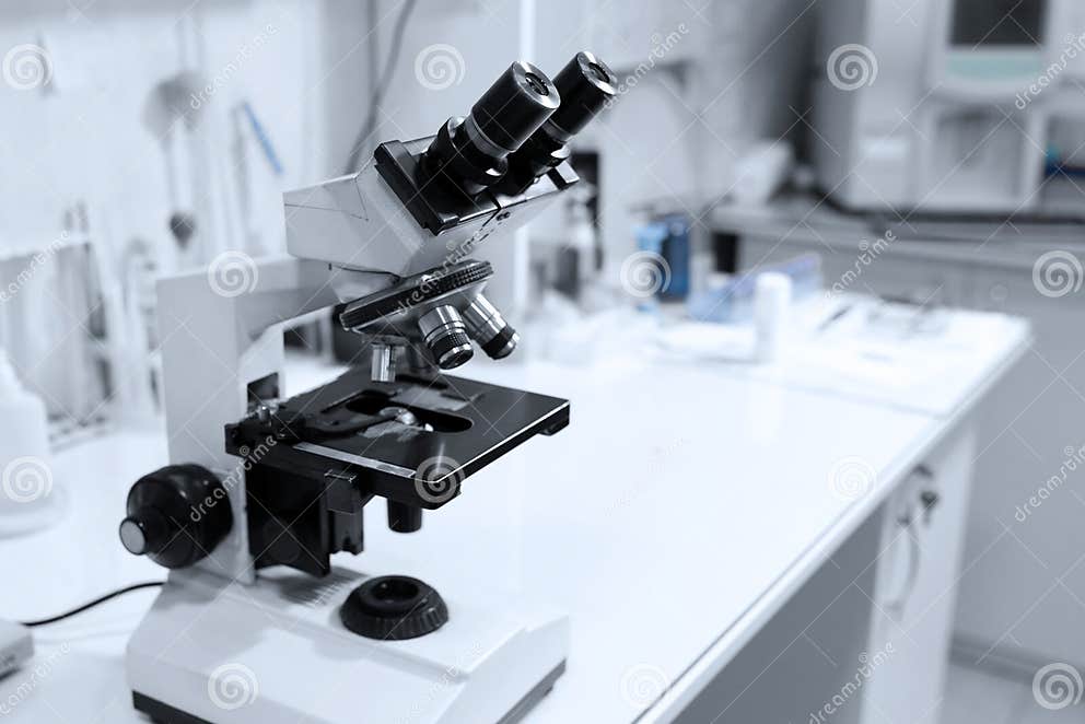Microscope on Table in Laboratory. Research and Analysis Stock Image ...