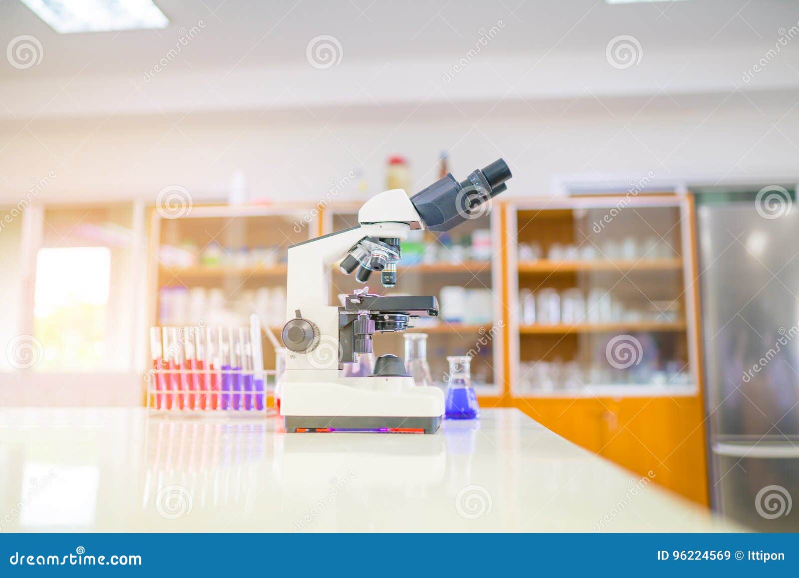 Microscope on the Table in Laboratory Room Stock Image - Image of ...