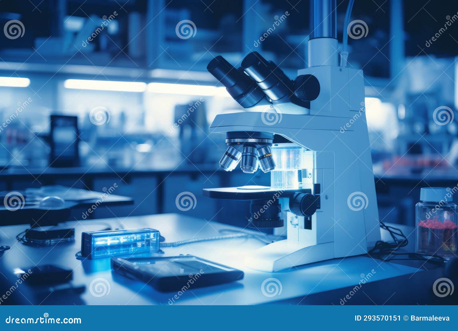 Microscope on the Table in Laboratory. Science Research Technology ...