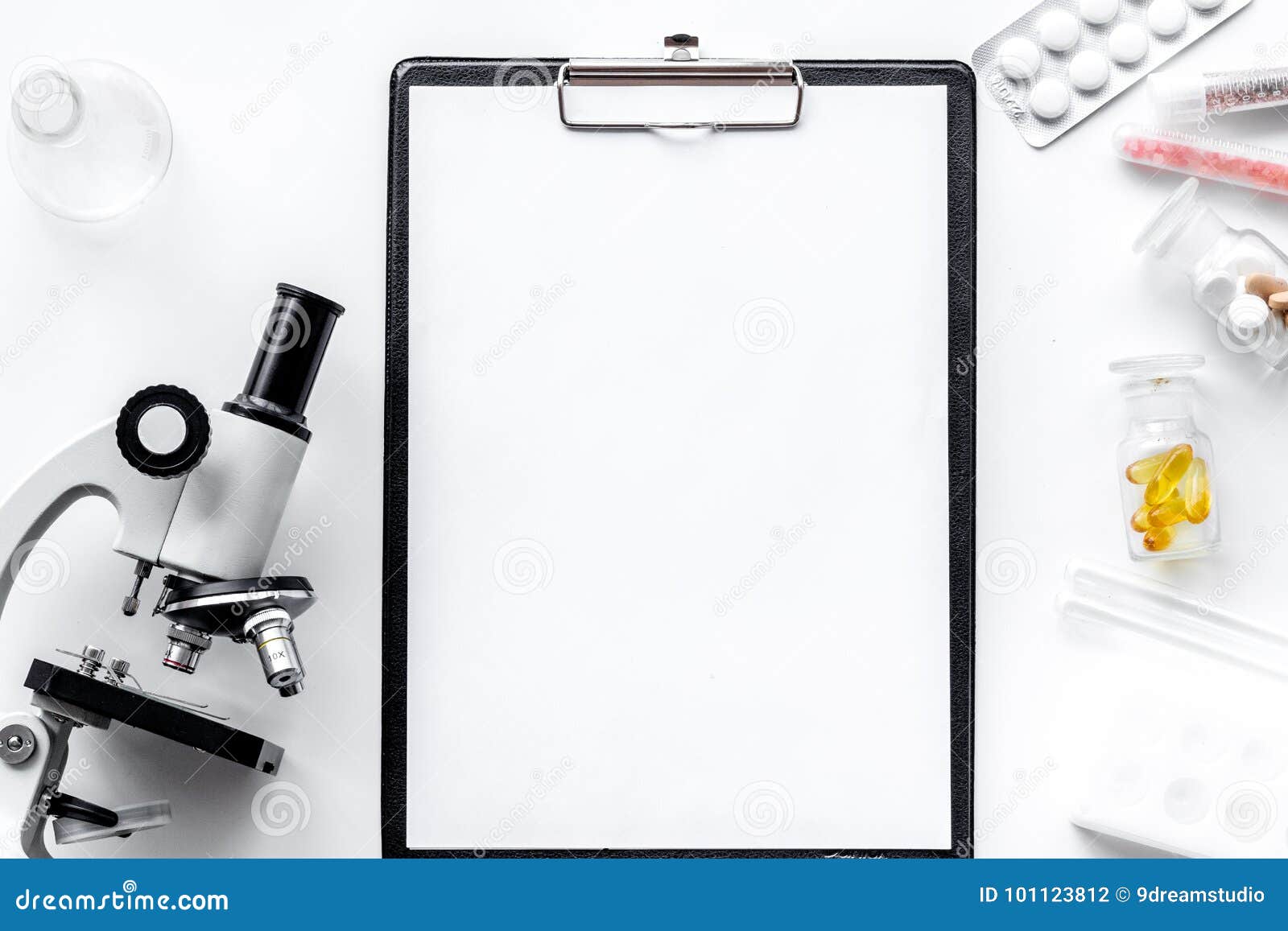 Microscope and Tablet on White Background Top View Mockup Stock Photo ...