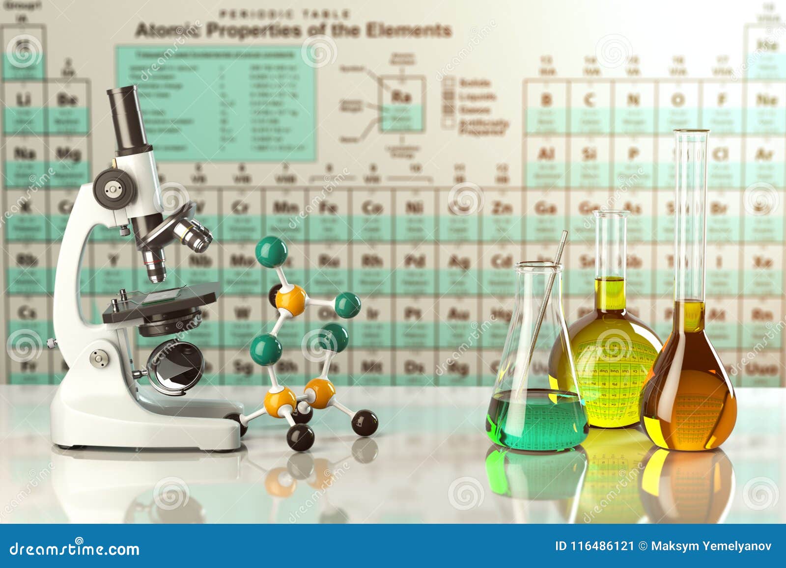 Microscope and Test Glass Flasks and Tubes with Colored Solution Stock ...