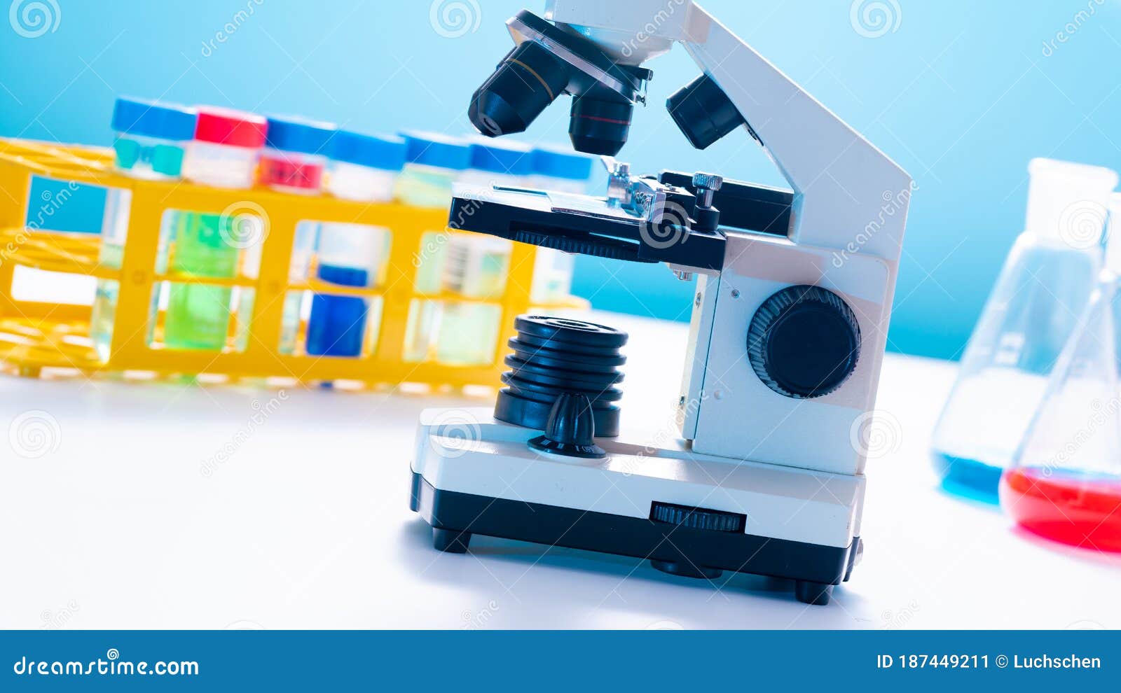 Microscope and Test Tubes on Laboratoy Table Stock Image - Image of ...