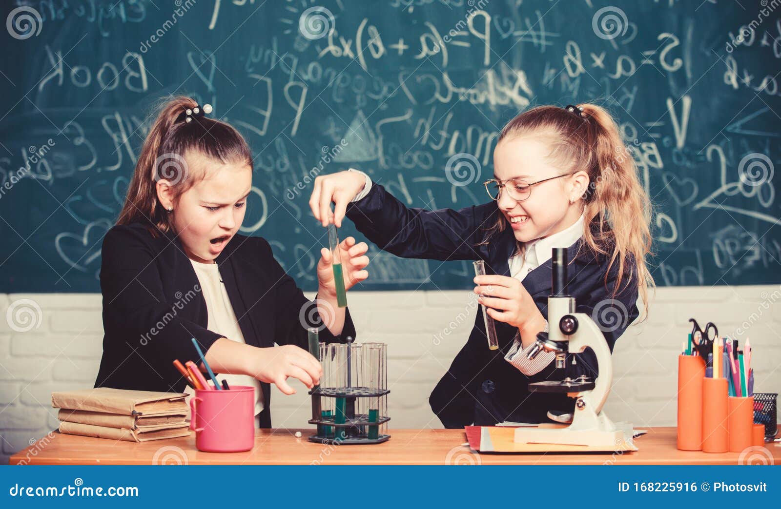 Microscope and Test Tubes on Table. Educational Experiment Concept. Be ...