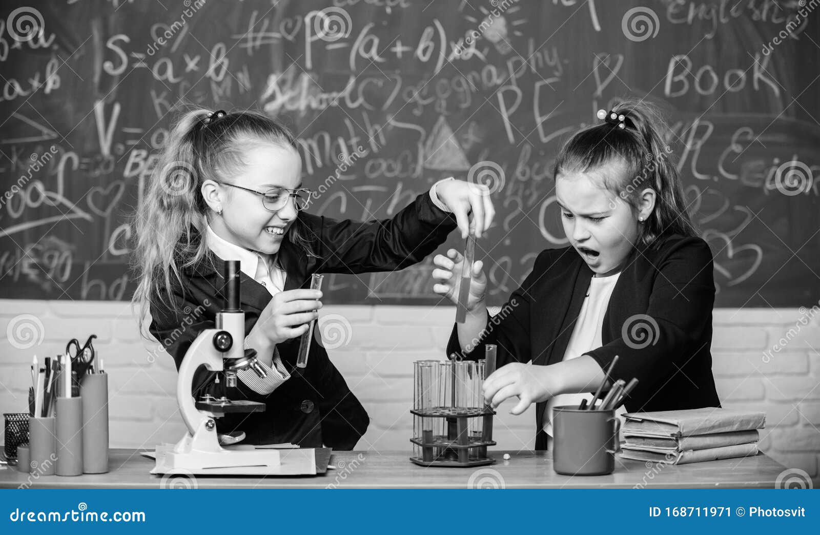 Microscope And Test Tubes On Table. Educational Experiment Concept. Be ...