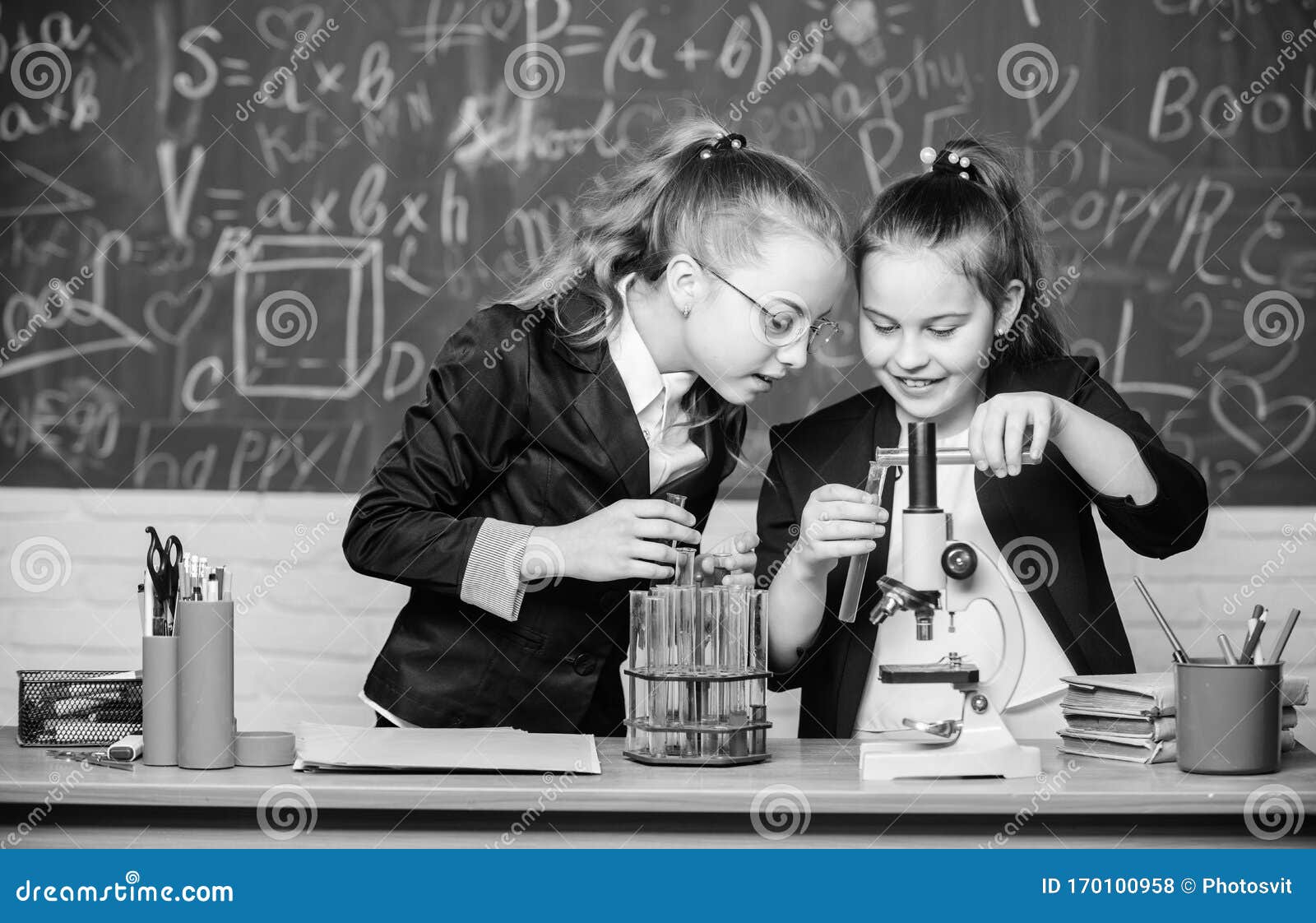 Microscope and Test Tubes on Table. Perform Chemical Reactions. Basic ...