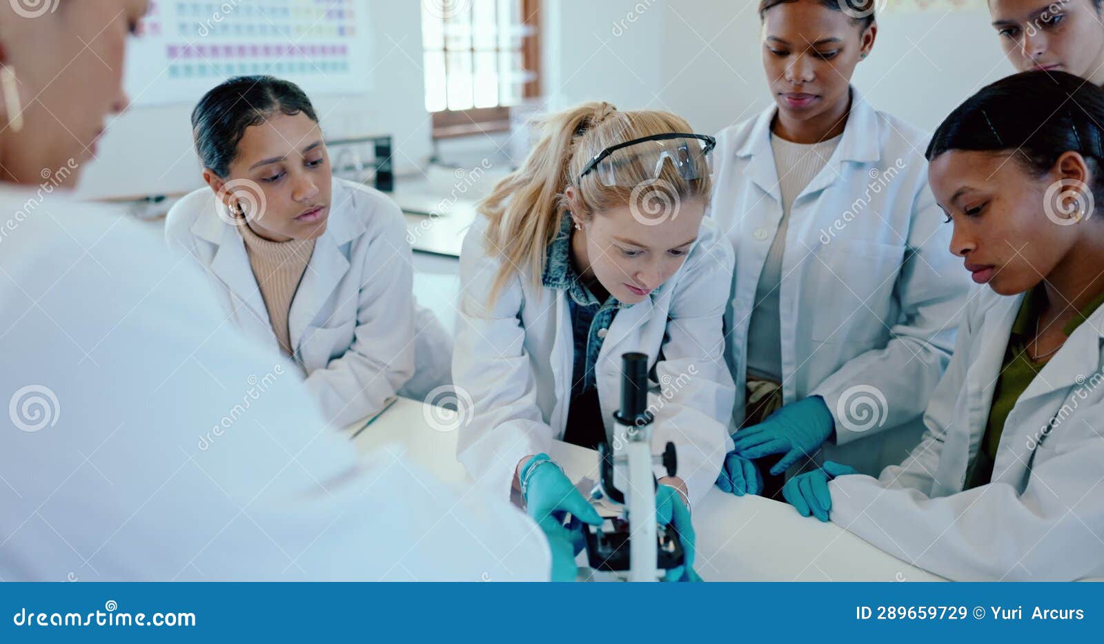 Microscope, University and Professor with Students, Science and ...