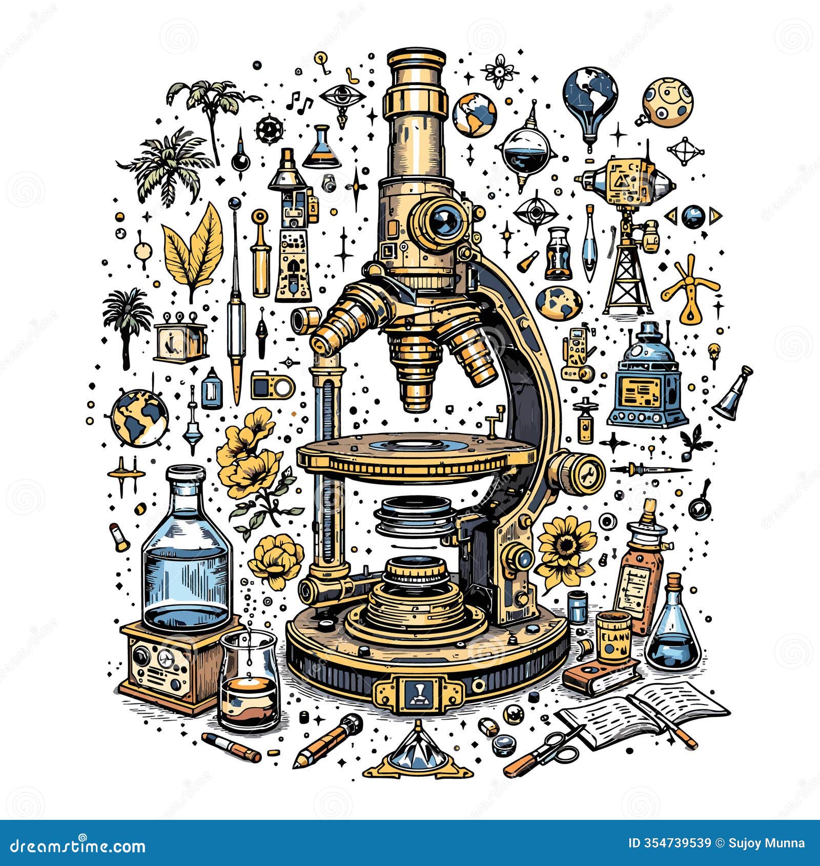 A Microscope with Various Objects Around it Stock Vector - Illustration ...