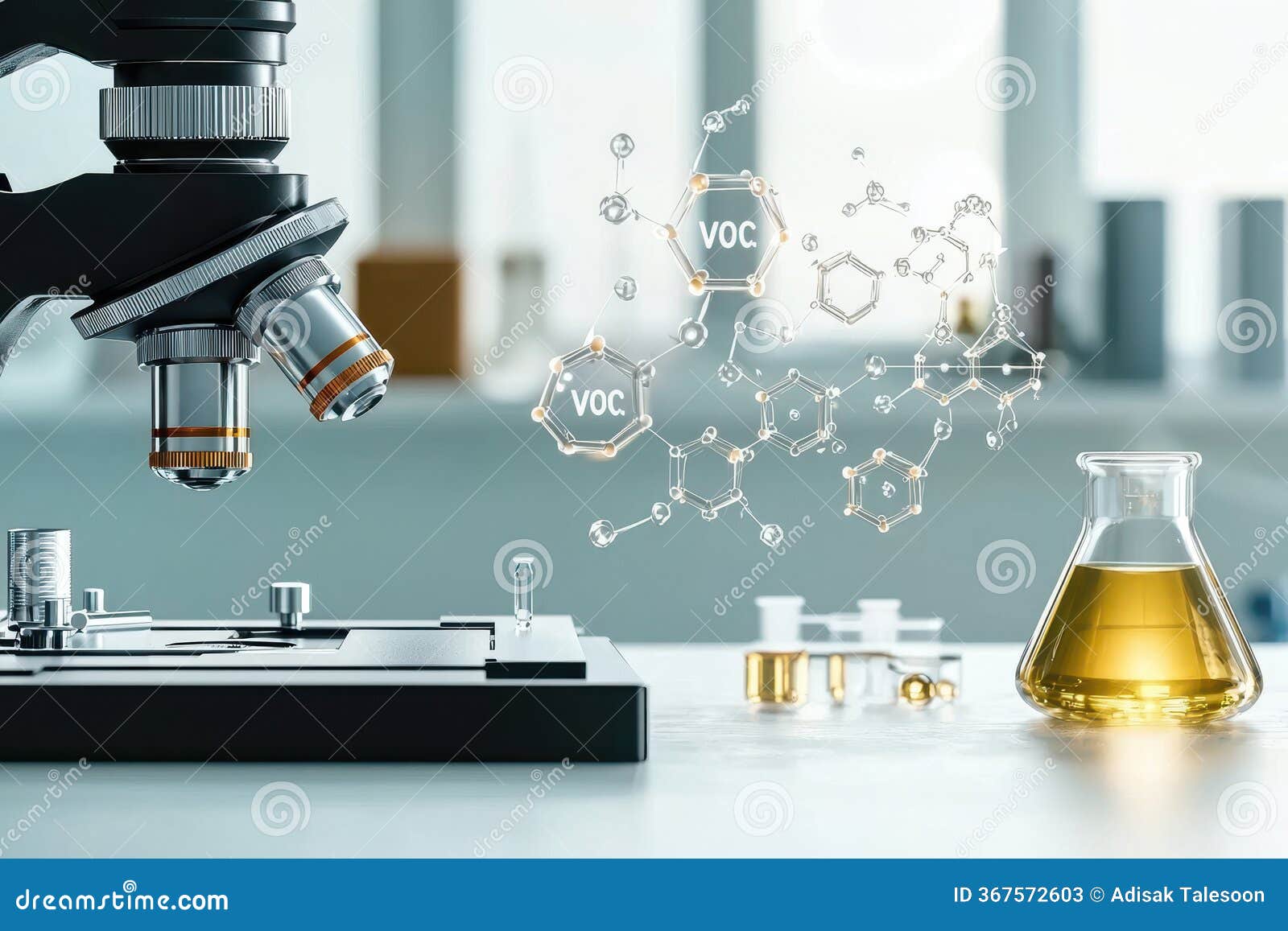 Microscope View Of VOC Molecules And Organic Compounds In Lab, Volatile ...