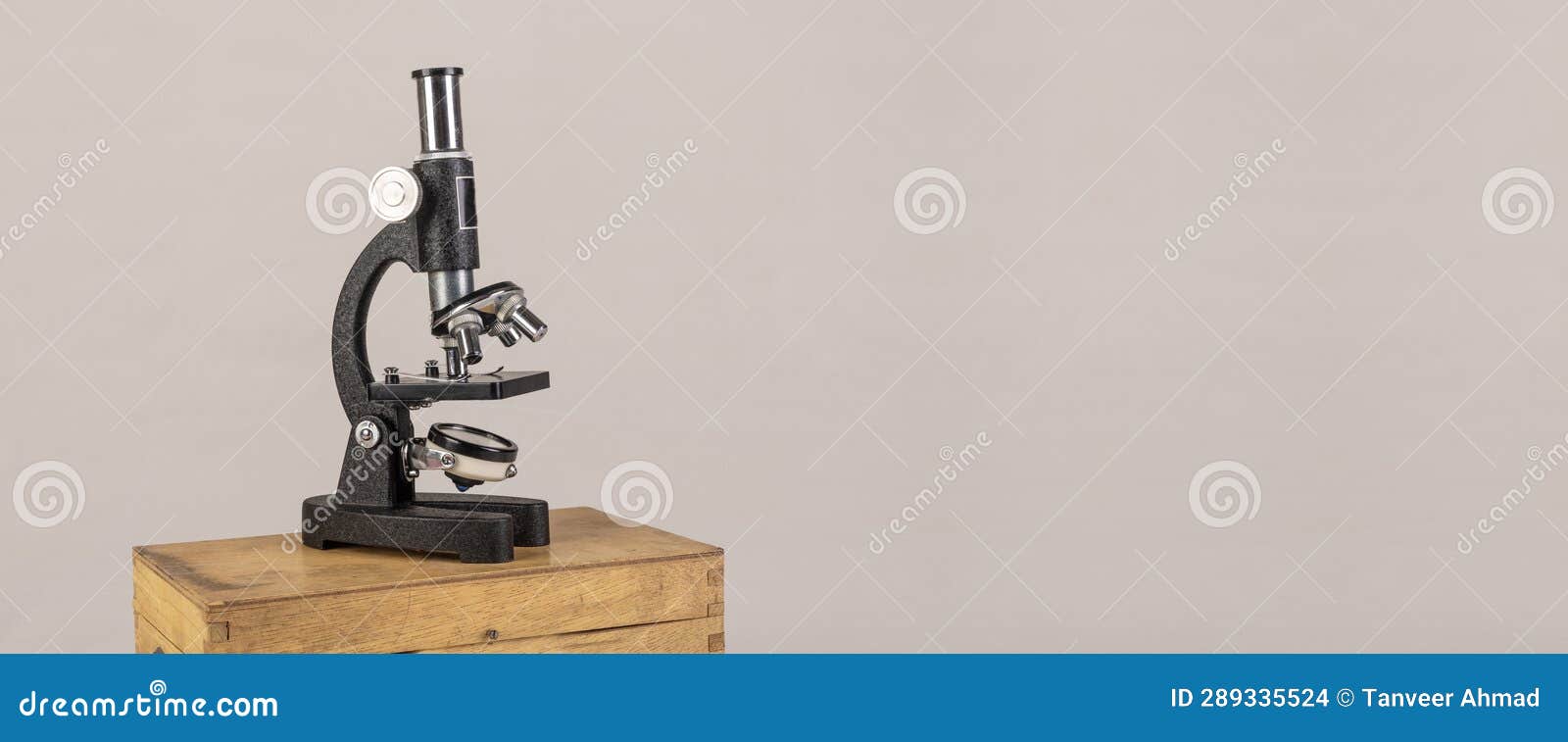Microscope on Wood Box Clear Banner Background with Copy Space Stock ...