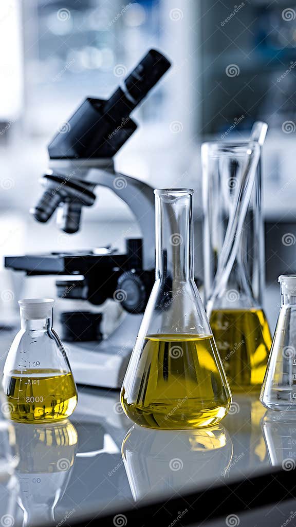 Microscope and Yellow Liquid-filled Flasks Highlighted in a Laboratory ...