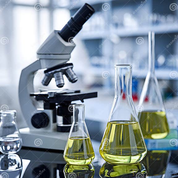 Microscope and Yellow Liquid-filled Flasks Highlighted in a Laboratory ...