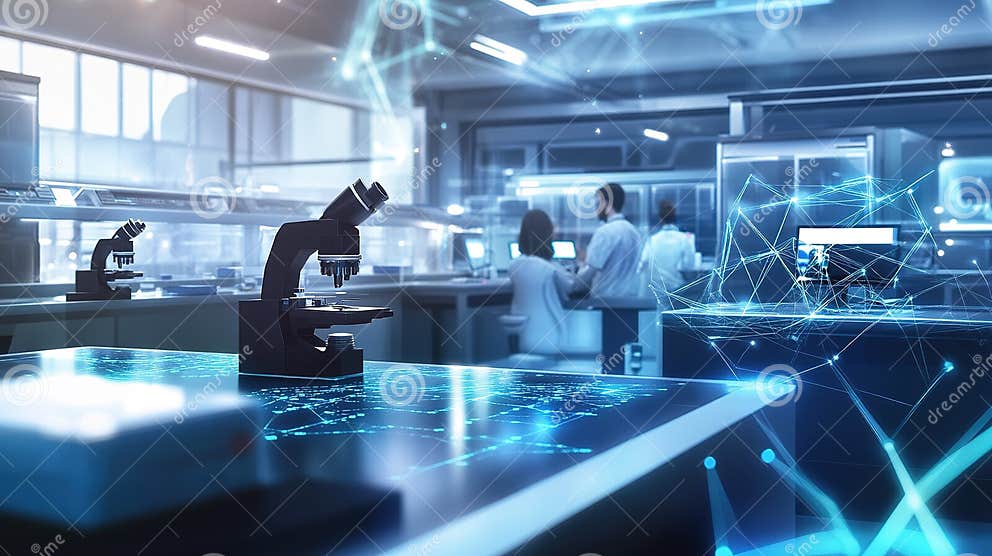 Microscopes and Scientists Collaborating in a Modern Laboratory with ...