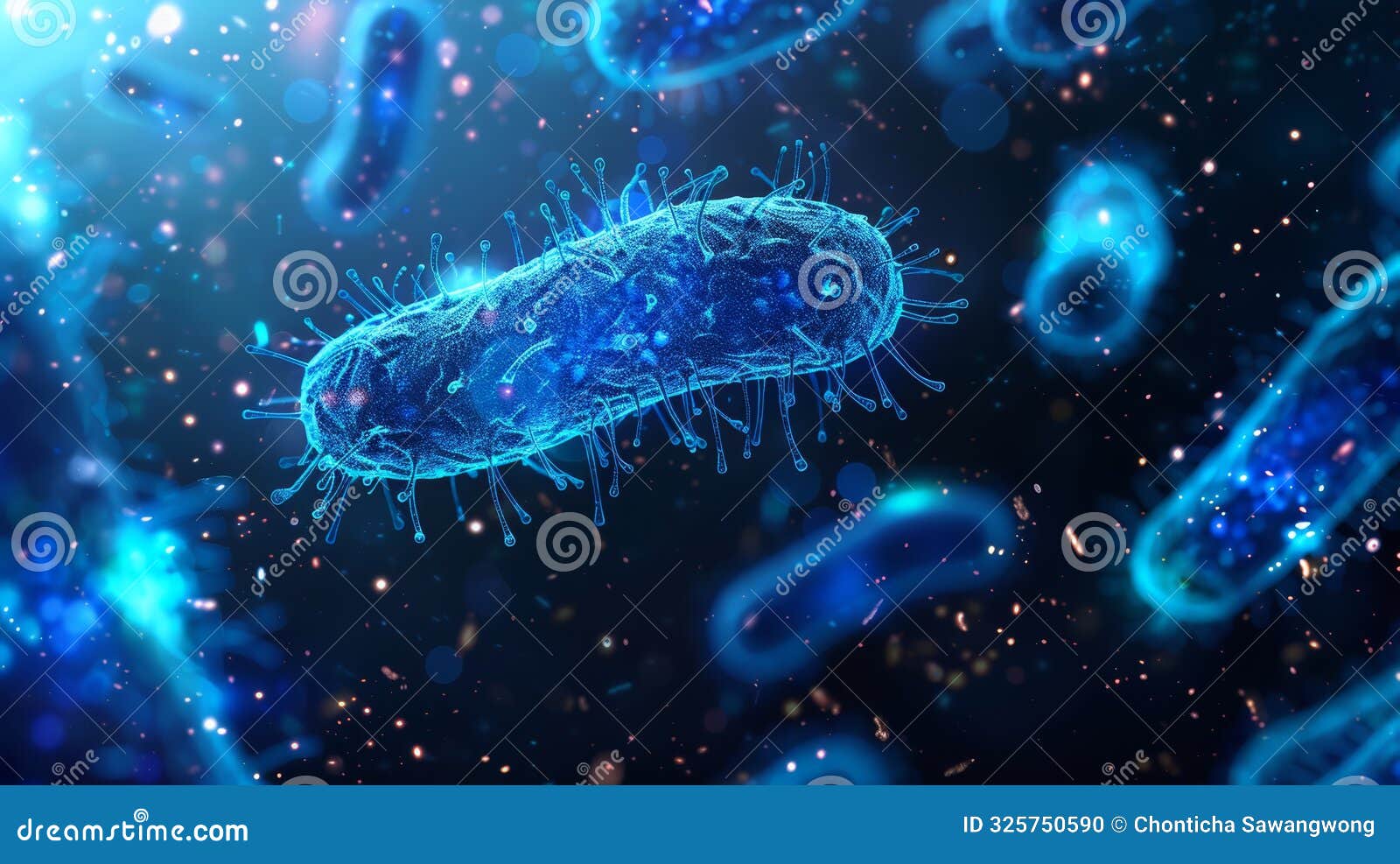 Microscopic Blue Bacteria in a Dark Background, Glowing with a Bright ...