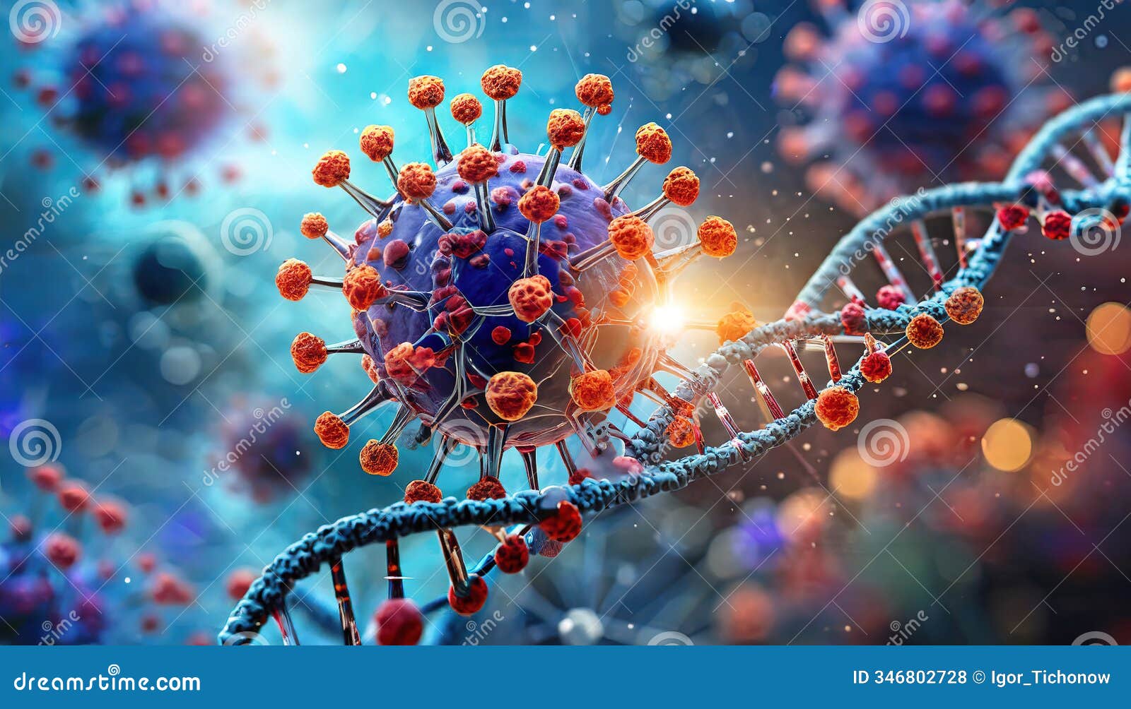 Microscopic Close-up of a Virus Structure with a Glowing DNA Strand ...