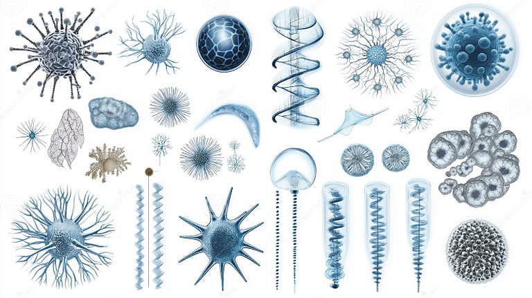 Microscopic Germs and Bacteria in Various Shapes and Sizes Stock ...