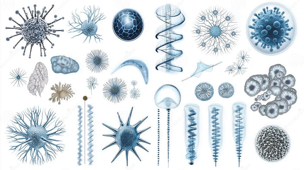 Microscopic Germs and Bacteria in Various Shapes and Sizes Stock ...