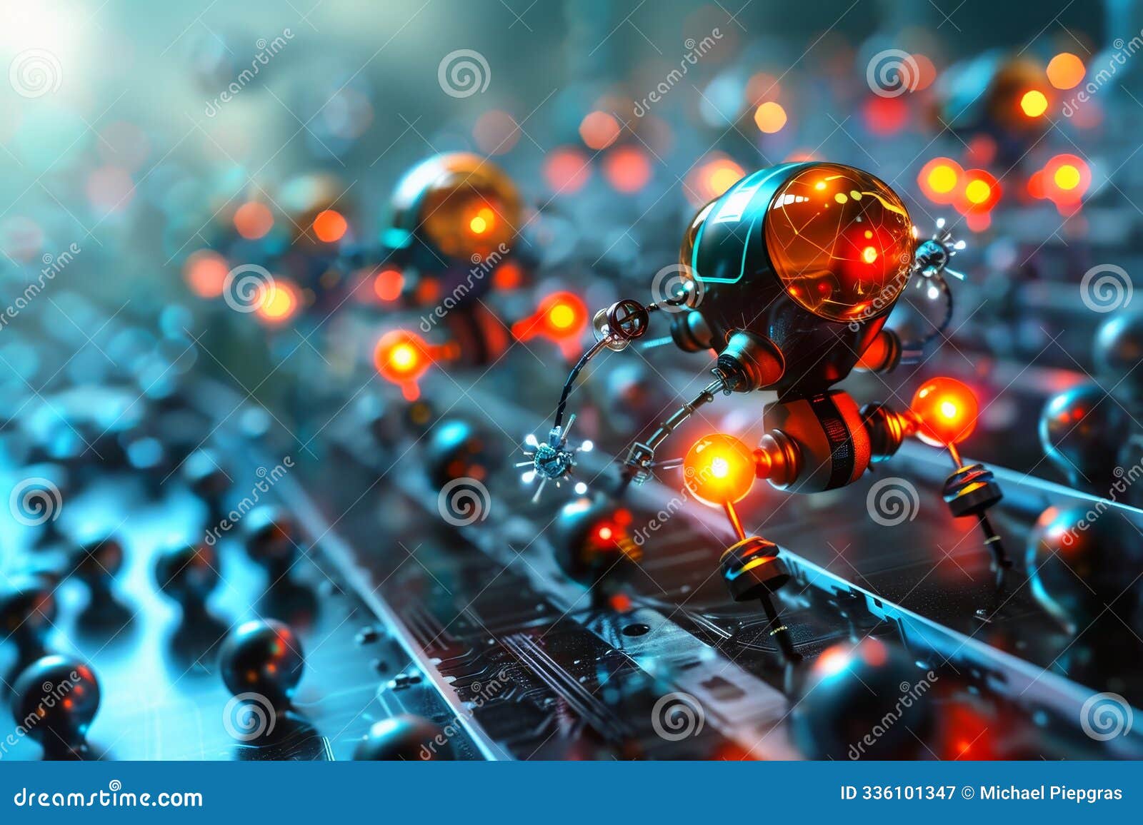 A Microscopic Illustration of Tiny Robots Interacting with Atoms Stock ...