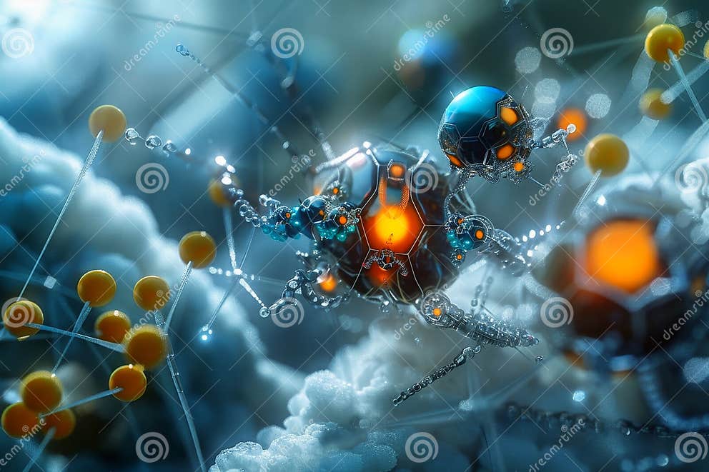 A Microscopic Illustration of Tiny Robots Interacting with Atoms Stock ...